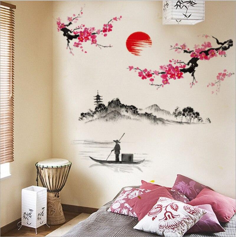 Japanese Wall Decals Sakura & Red Sun | Japanese Temple
