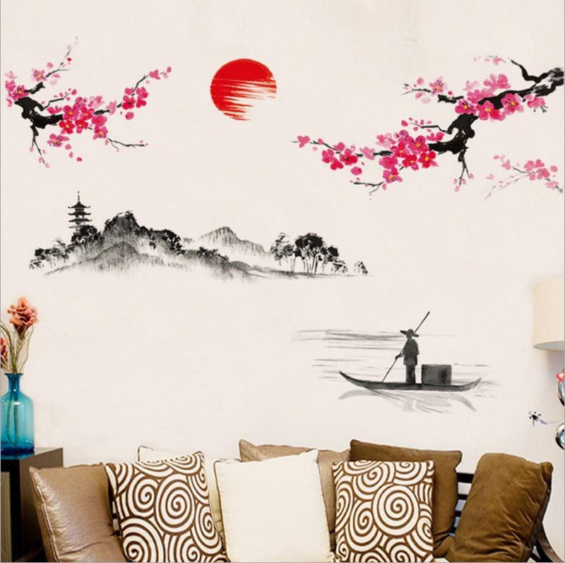 Japanese Wall Decals Sakura & Red Sun | Japanese Temple