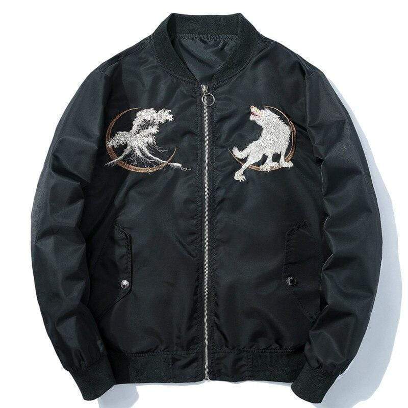 Wolf Embroidered Bomber Jacket | Japanese Temple